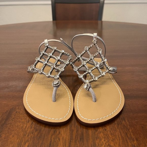 Utiklou | Shoes | Nib Metallic Silver Rhinestone Flat Sandals | Poshmark